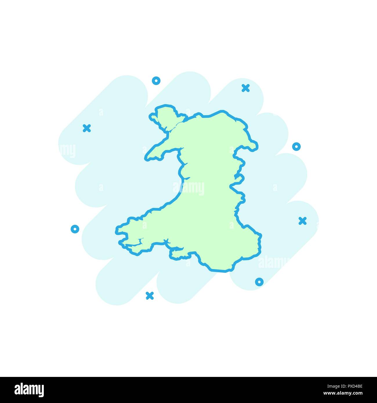 Vector cartoon Wales map icon in comic style. Wales sign illustration pictogram. Cartography map ...