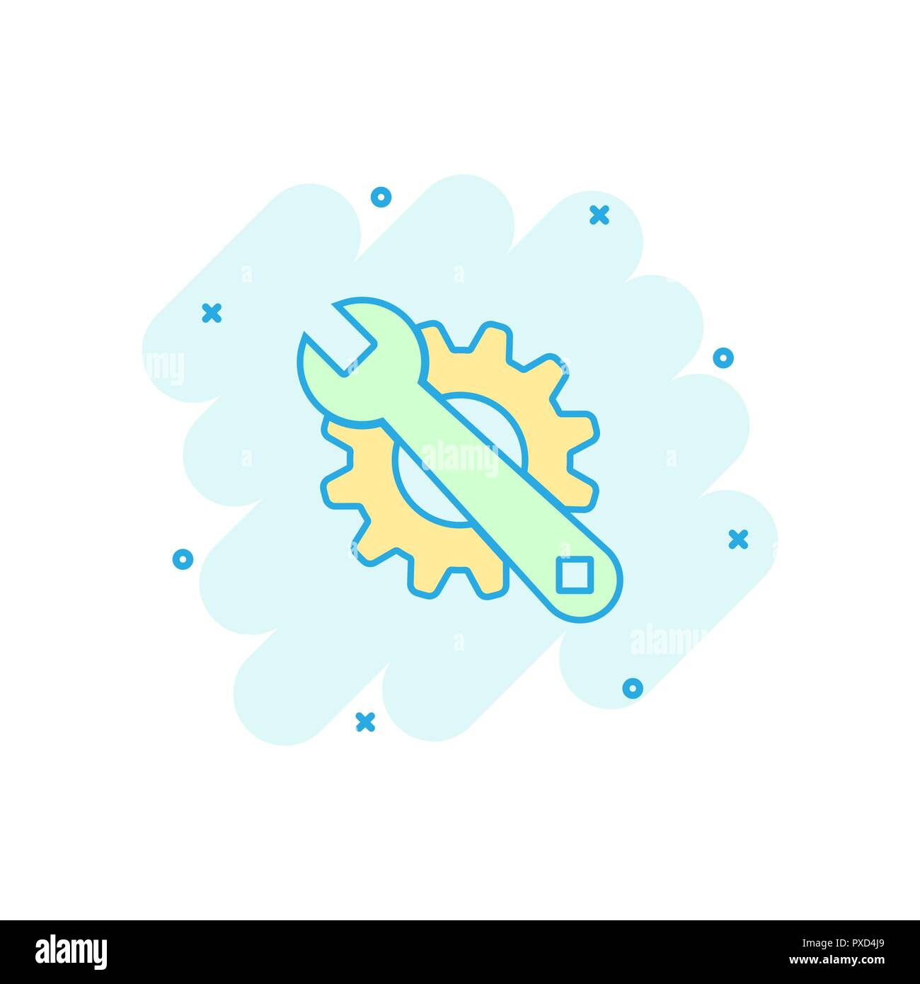 Vector cartoon service tool icon in comic style. Cogwheel with wrench ...