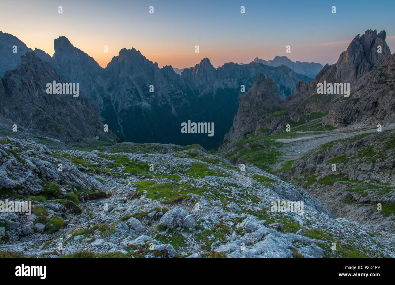 Wonderful sunrise in the Italian Alps, alpine scenary with craggy peaks ...