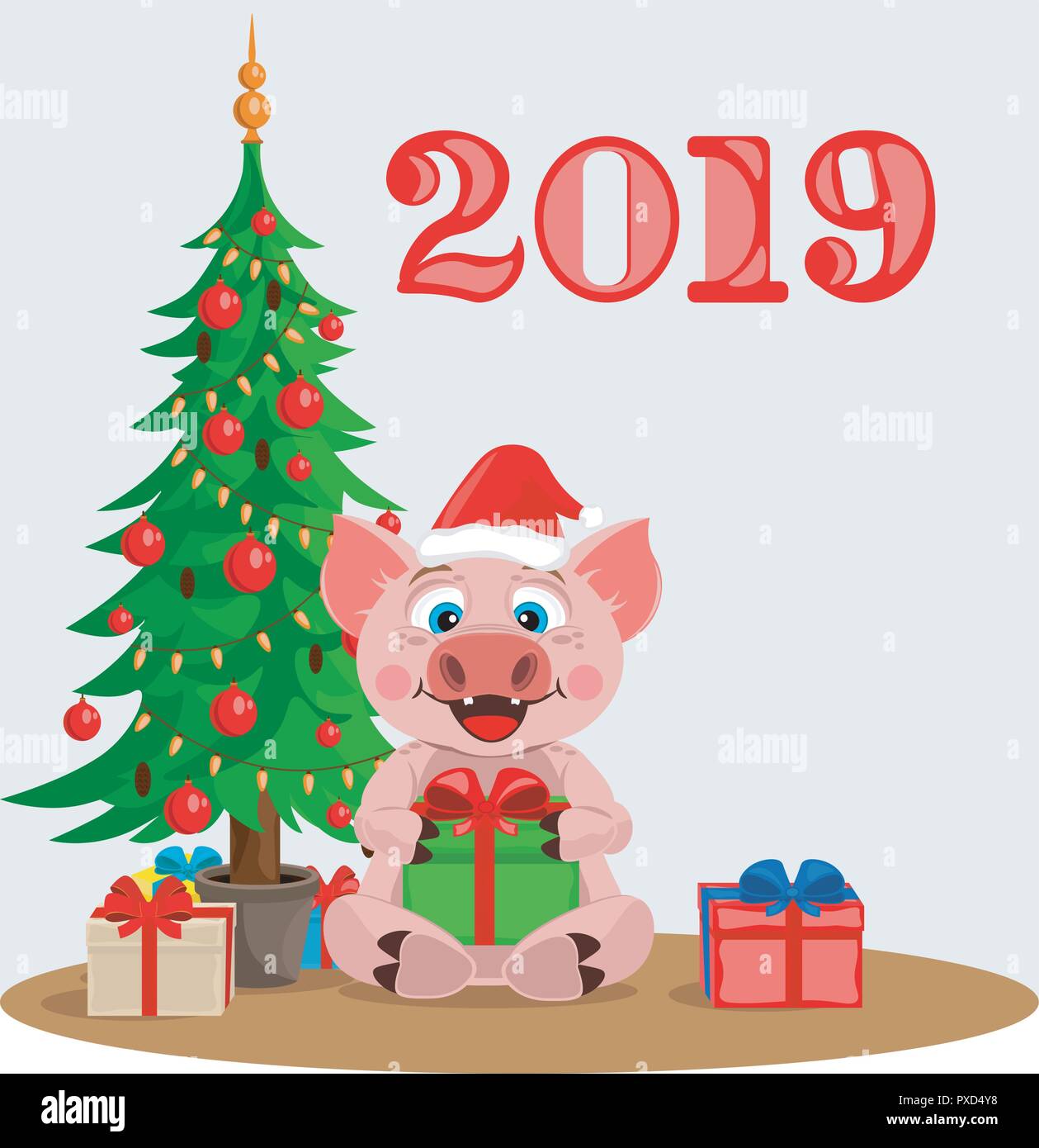 The pig is the symbol of 2019. Pig under the tree with presents Stock ...