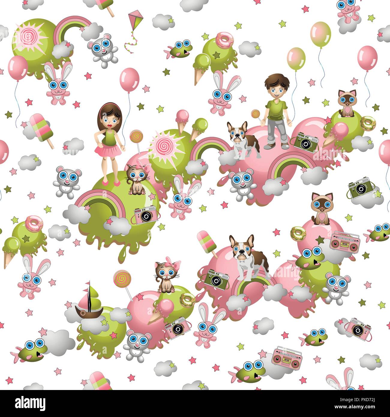 Seamless pattern in the cartoon style with children, toys, pets, sweets ...