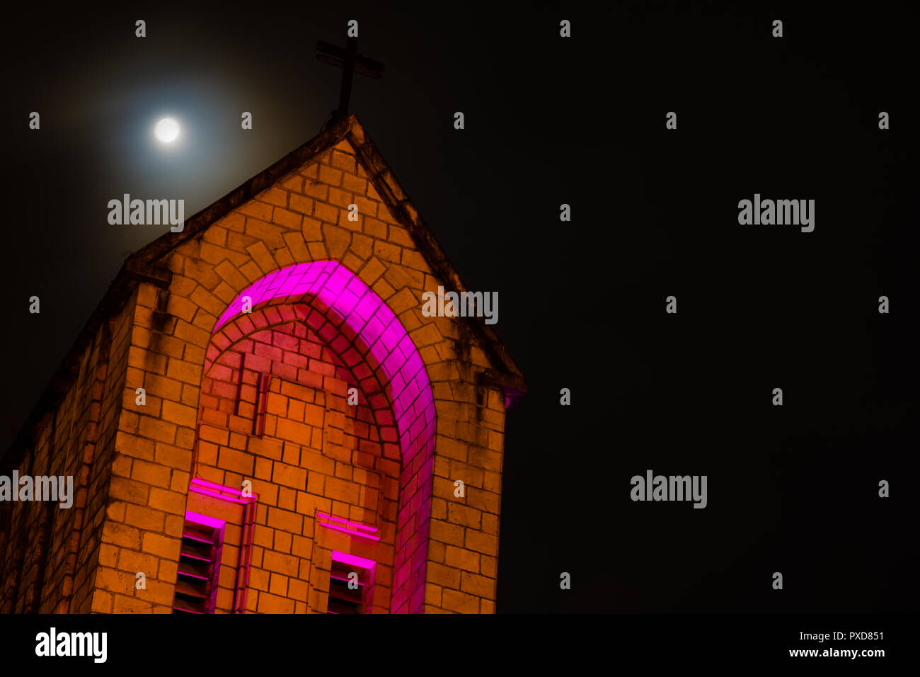scary view of old church and cross in and full moon Halloween concept ...