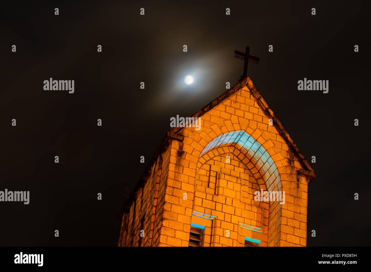 scary view of old church and cross in and full moon Halloween concept ...