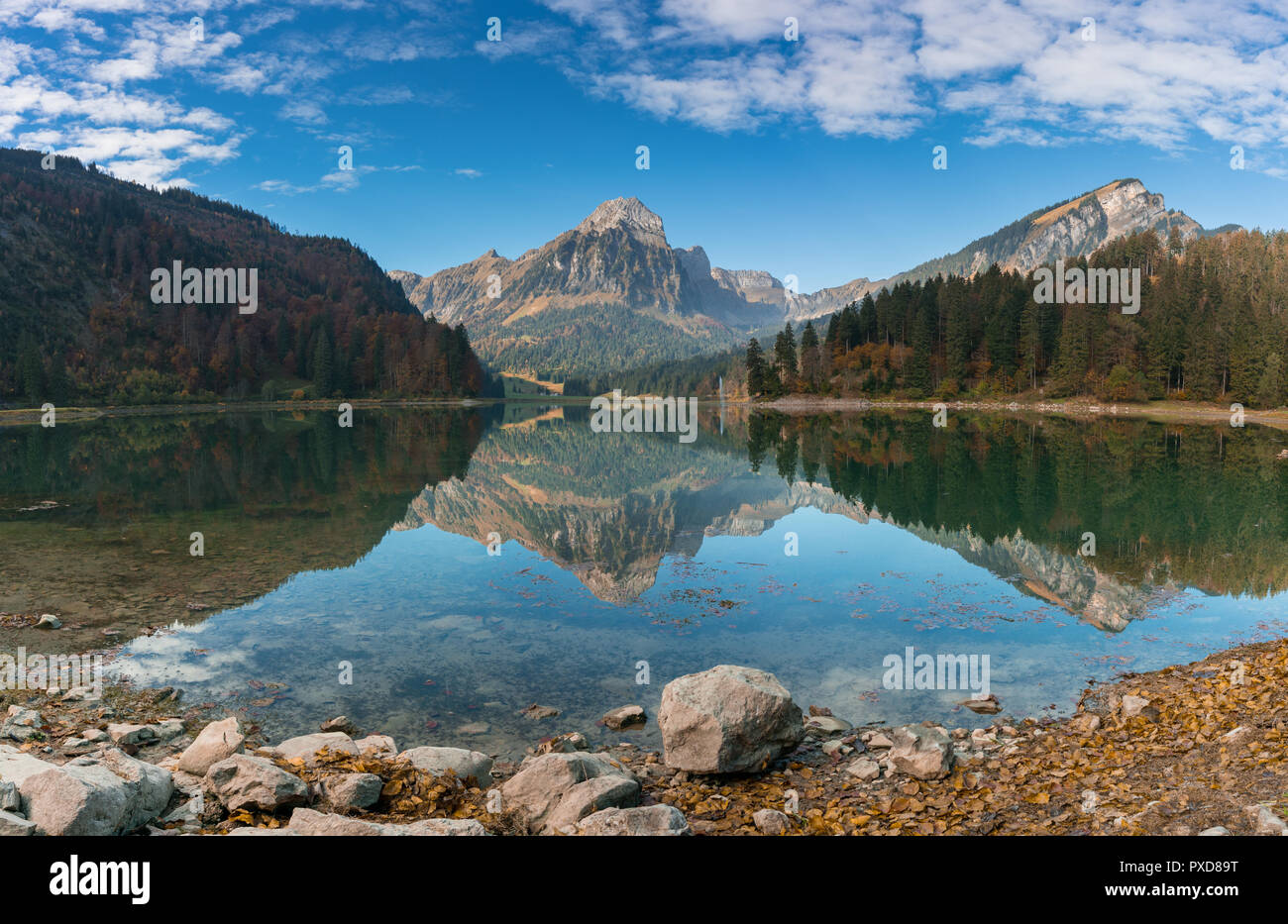 autumn color mountain landscape and lake in the Swiss Alps Stock Photo ...
