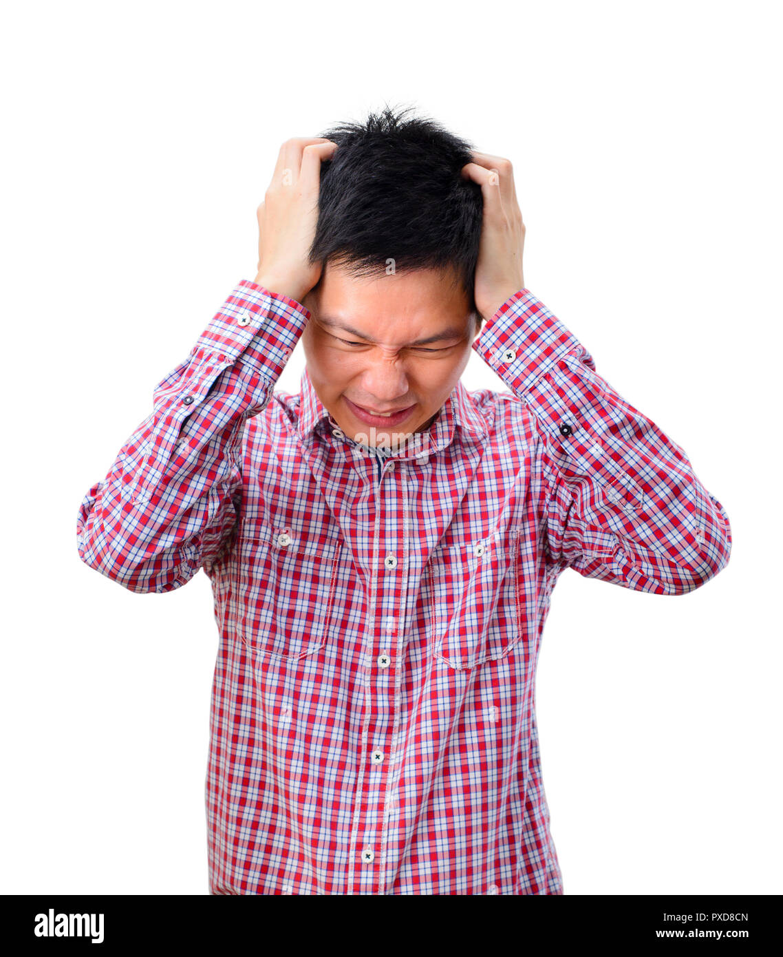Portrait of a stressed asian man on white background Stock Photo - Alamy