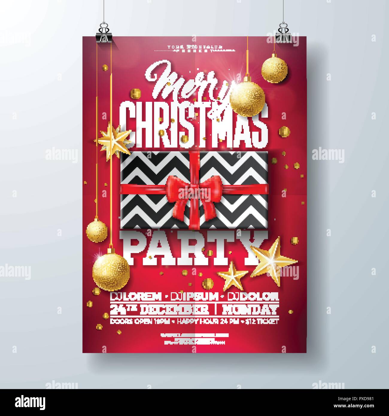 Christmas Party Flyer Illustration with Gift Box, Gold Star, Glass Ball ...