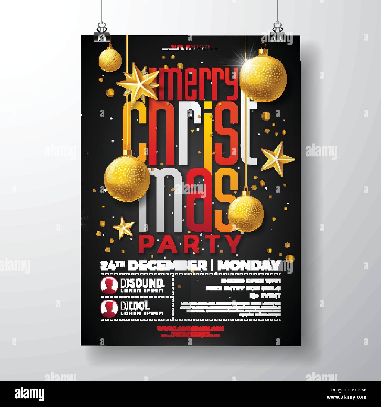 Christmas Party Flyer Illustration with Gold Star, Glass Ball and ...