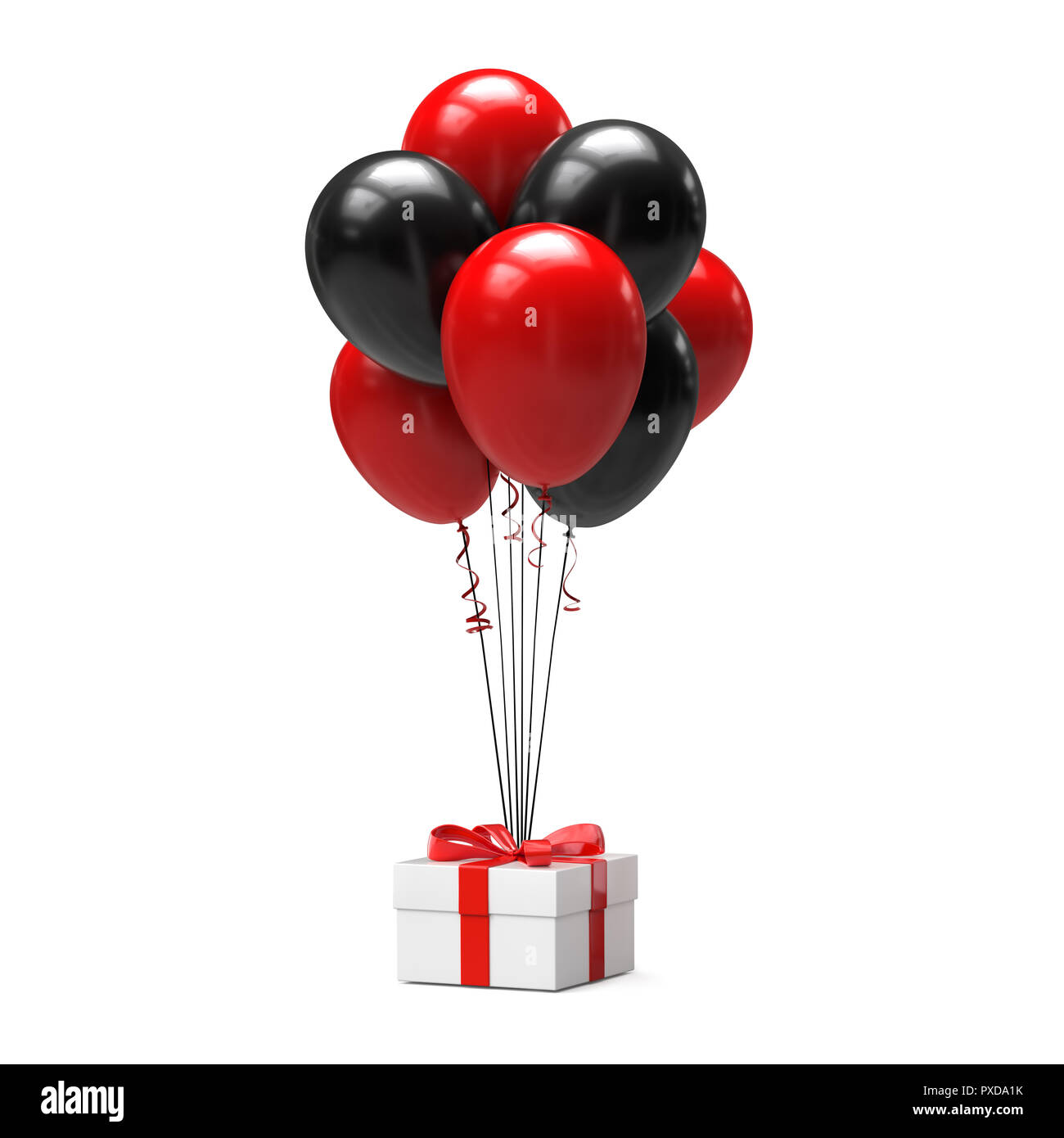 Black and red balloons with gift box isolated on white background. 3d ...
