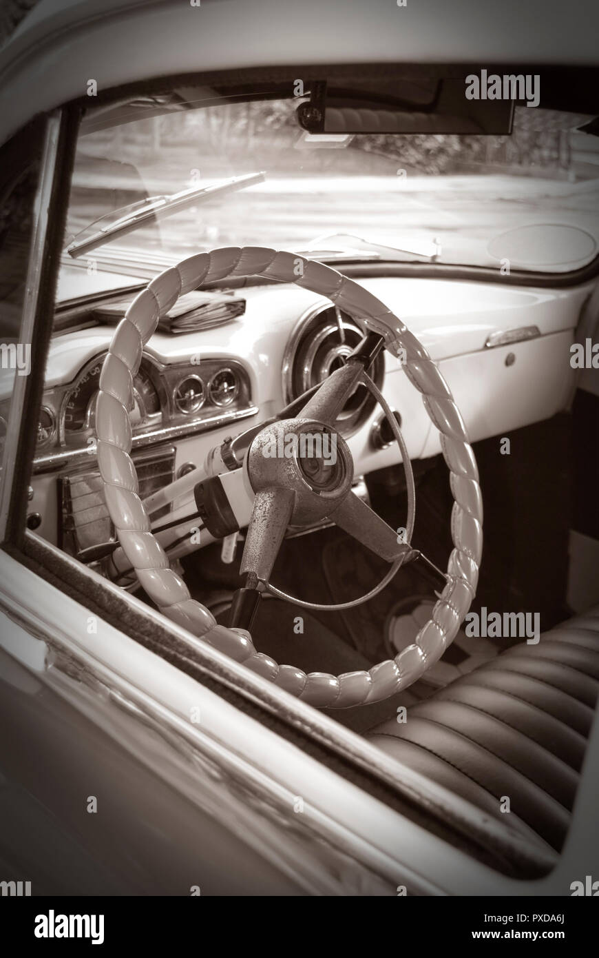 Sepia toned interior of American classic car in Cuba Stock Photo - Alamy