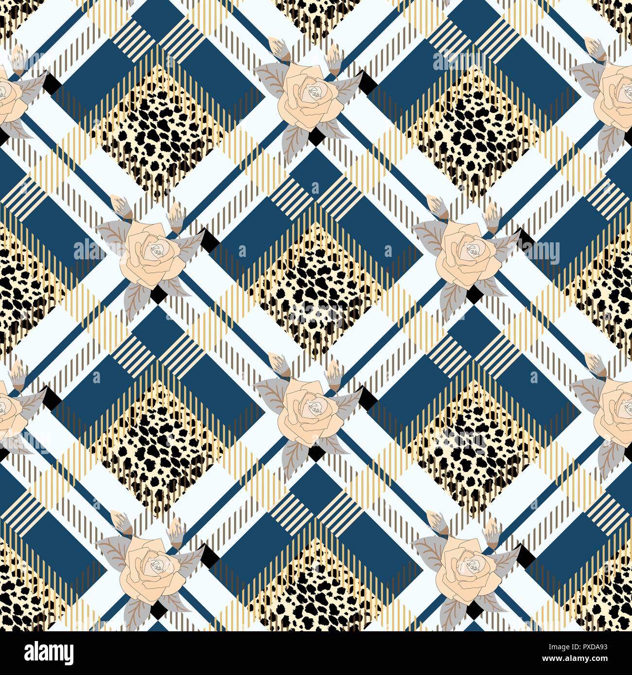 Tartan plaid with flowers and leopard skin pattern. Exotic animal and ...
