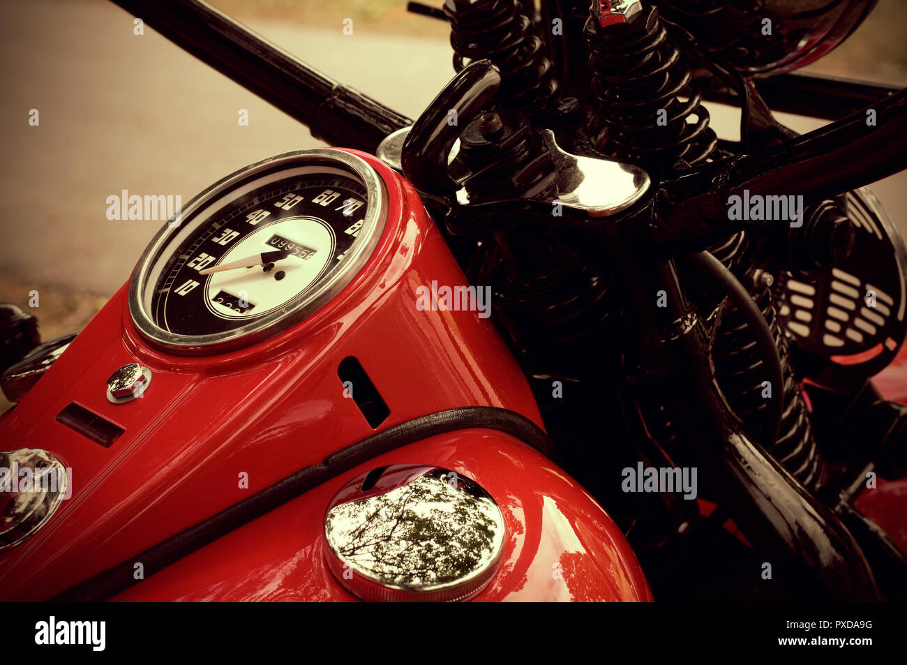 Beautiful antique motorcycle gas tank and speedometer close-up Stock ...