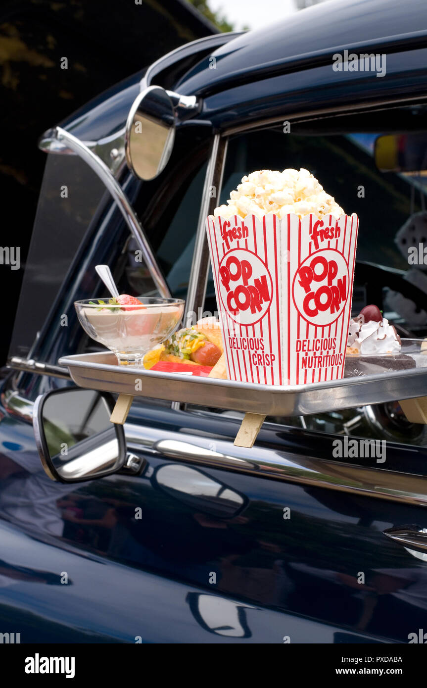 Antique Car with a window food tray at a drive-in restaurant Stock ...