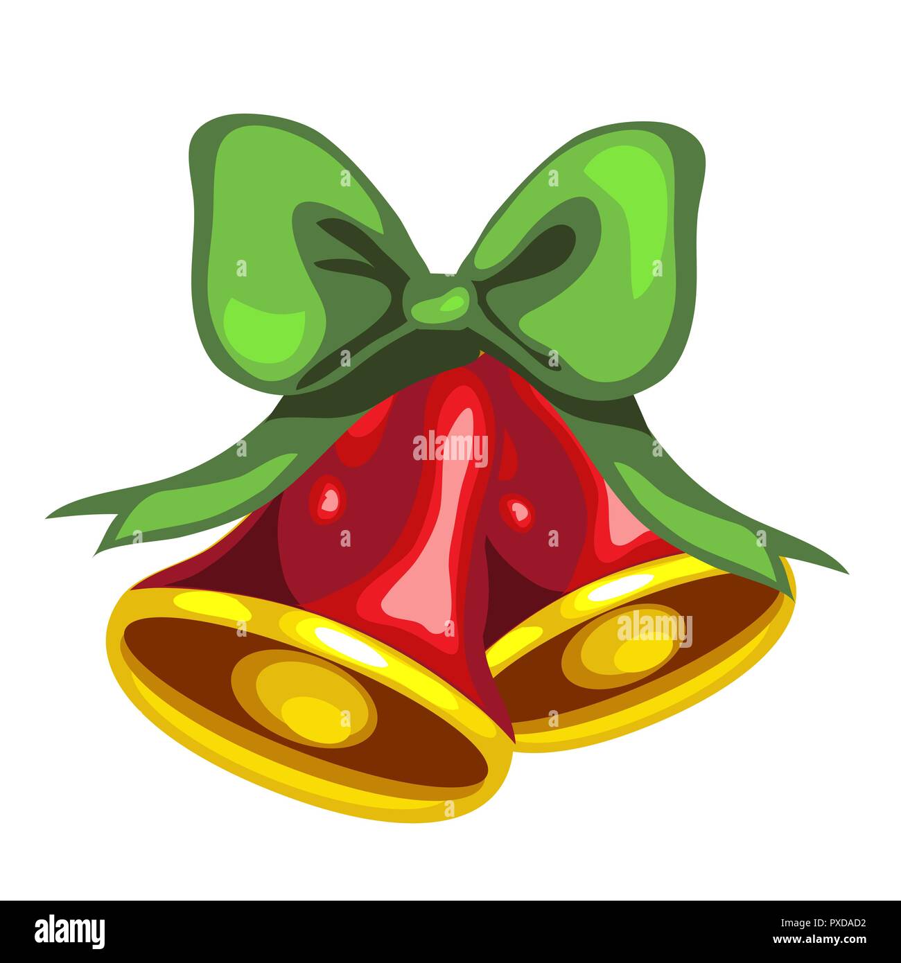 Christmas toy in the form of red bells with green bow isolated on white ...