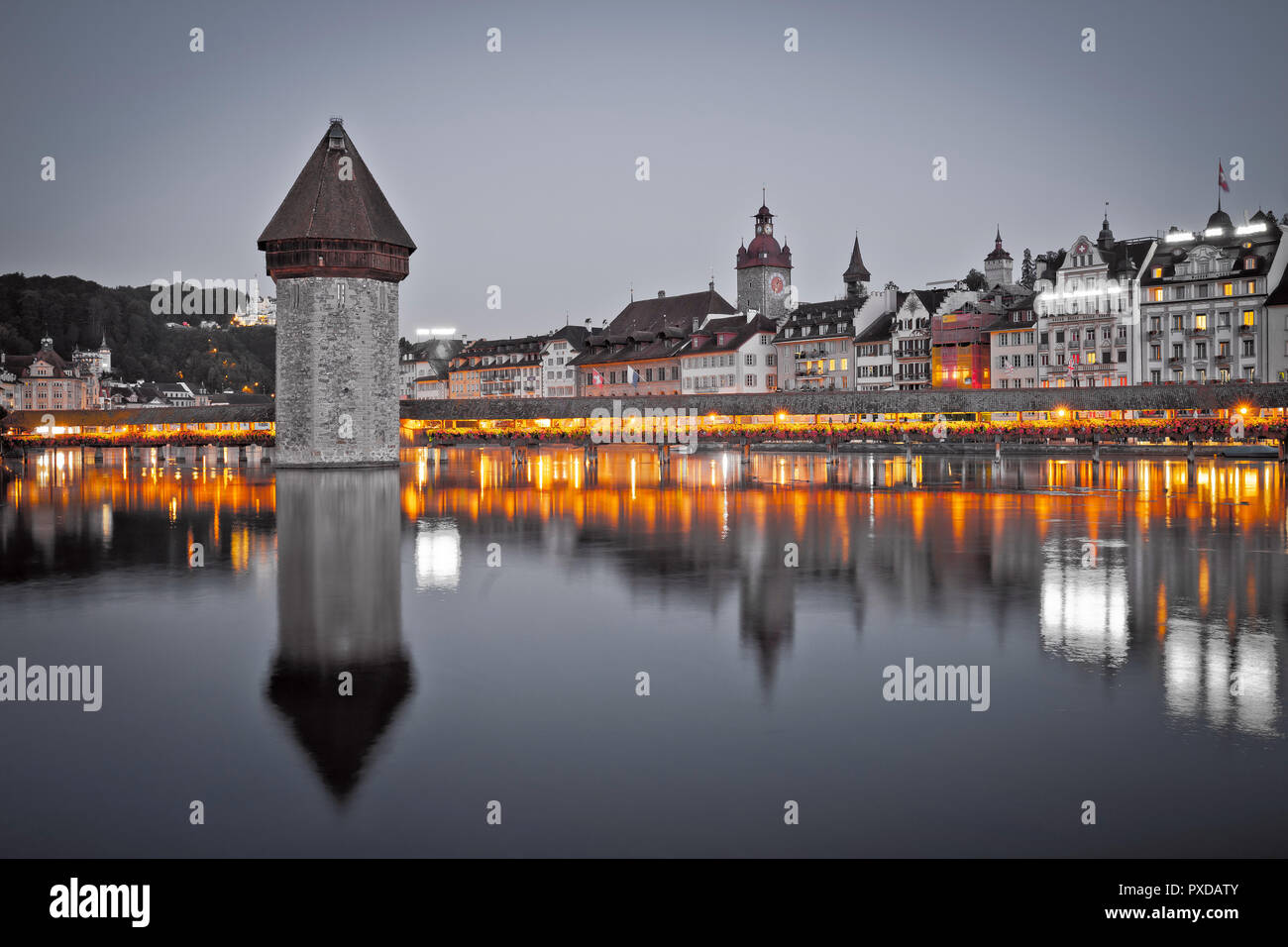 Kapelbrucke in Lucerne famous Swiss landmark black and white with color ...