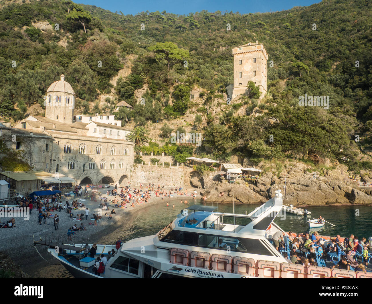 San Fruttuoso cove with a medieval Abbey, Liguria region, Italy Stock ...