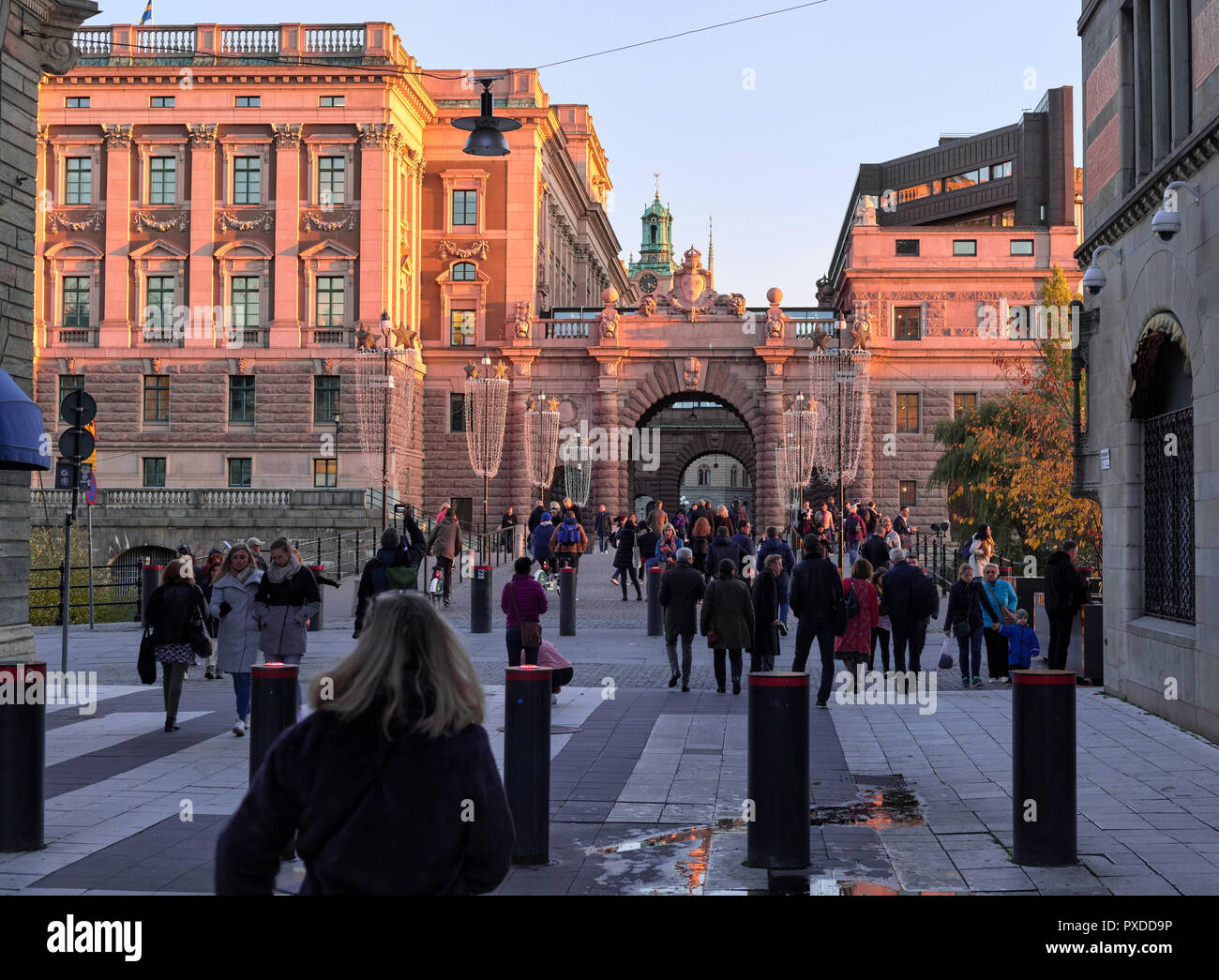 People walking towards the Parliament Building in Sweden, Stockholm ...