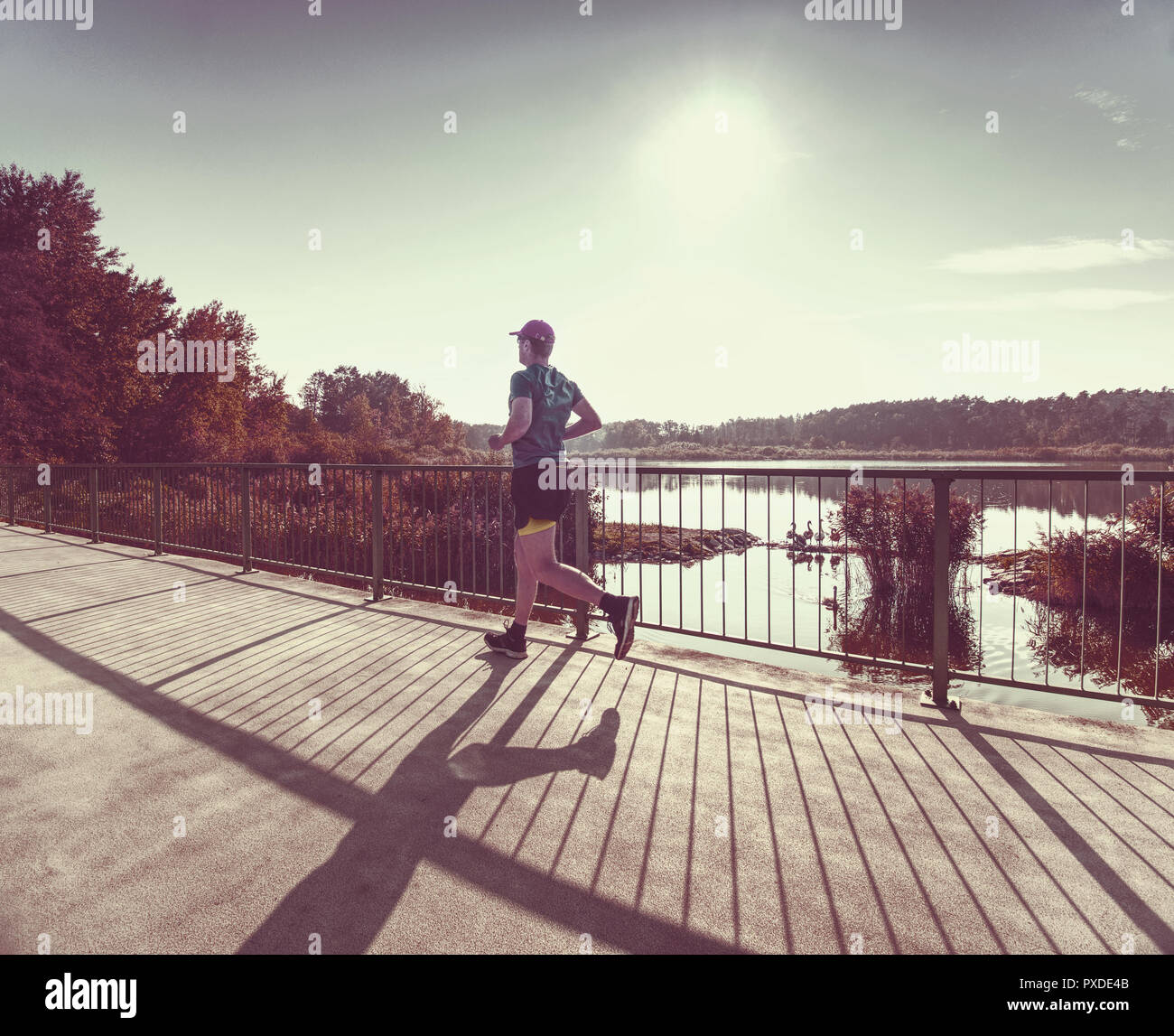 Side shot of healthy middle age man running on lake promenade in sunny ...
