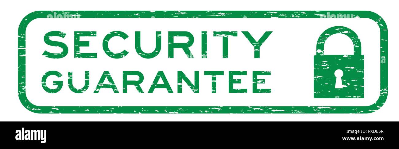Grunge green security assurance with lock icon square rubber seal stamp ...