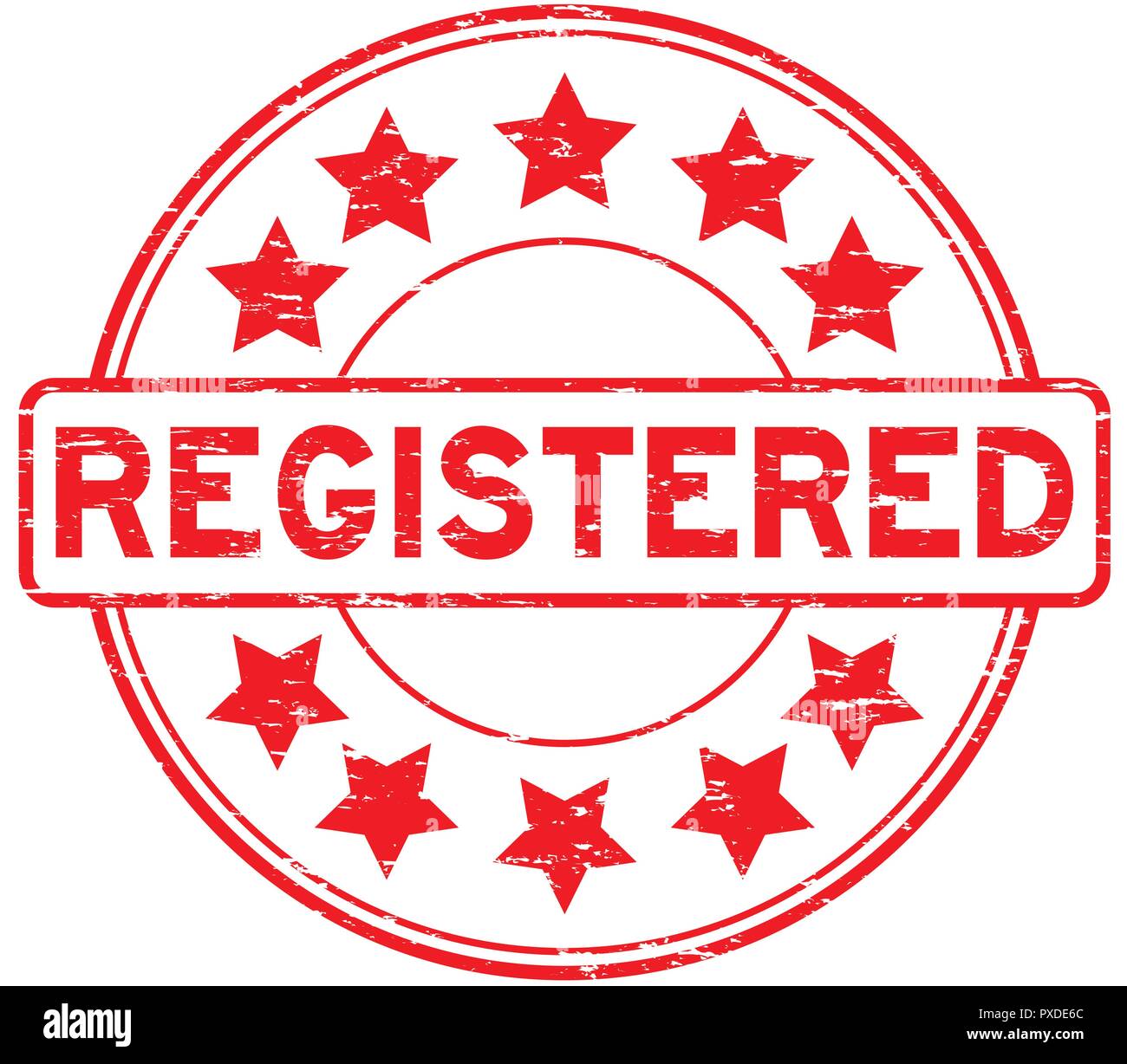 Grunge red registered with star icon round rubber stamp on white ...