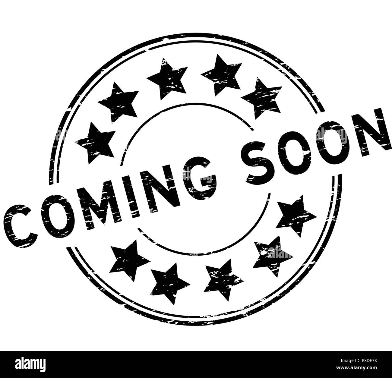 Grunge black coming soon with star icon round rubber stamp on white ...