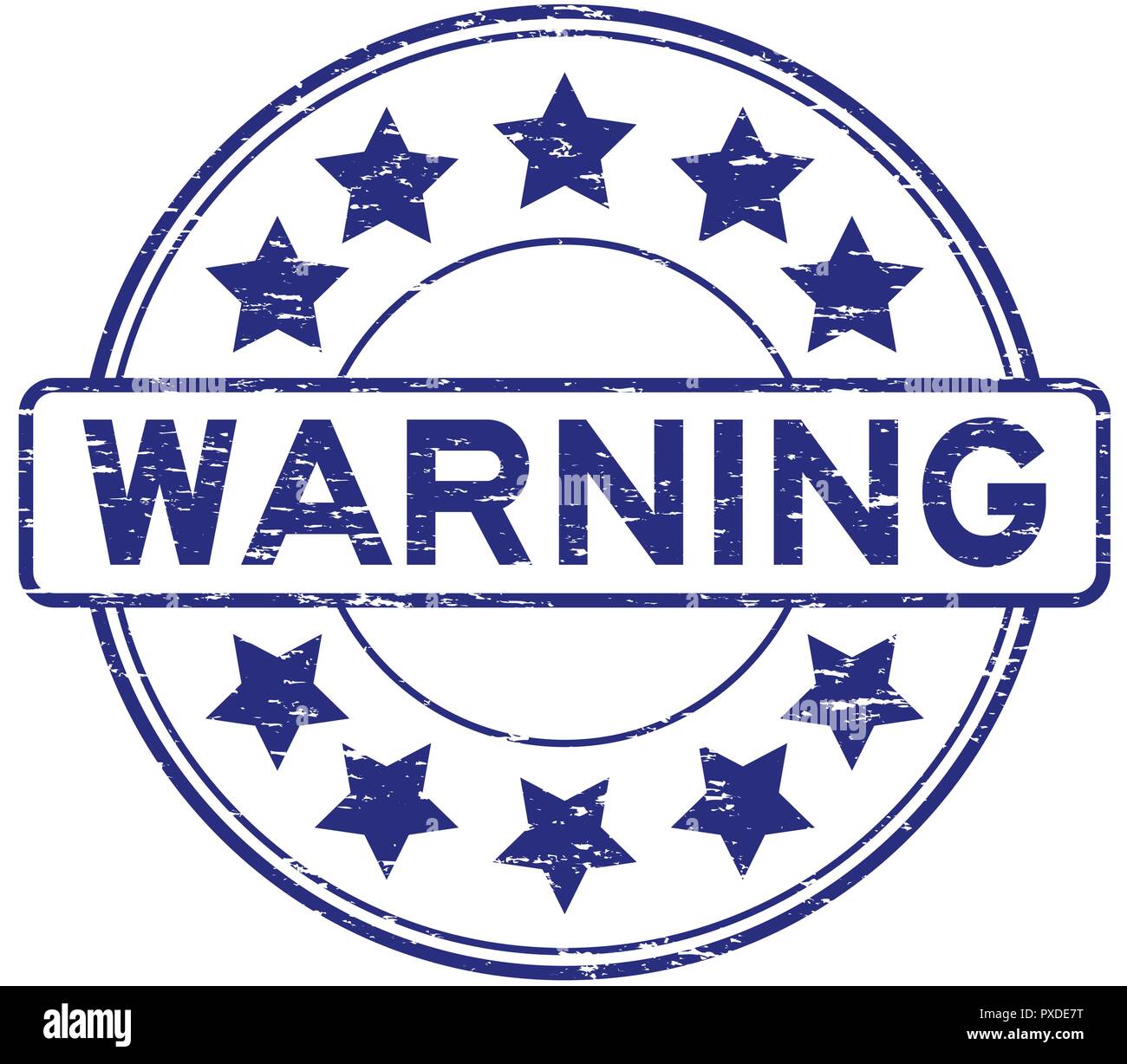 Grunge blue waring text with star icon round rubber stamp on white ...