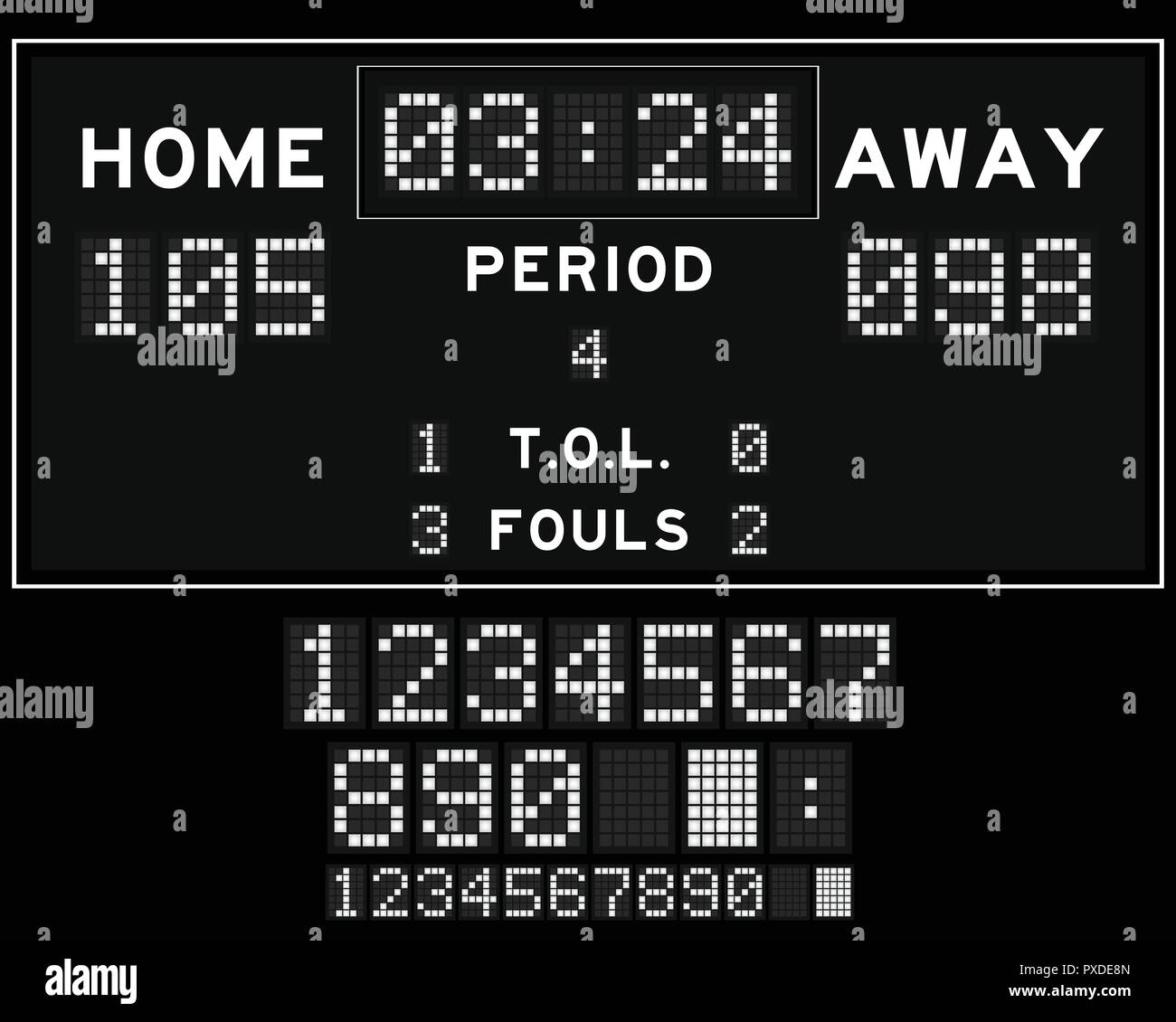 Basketball score board with white square led on black background Stock ...