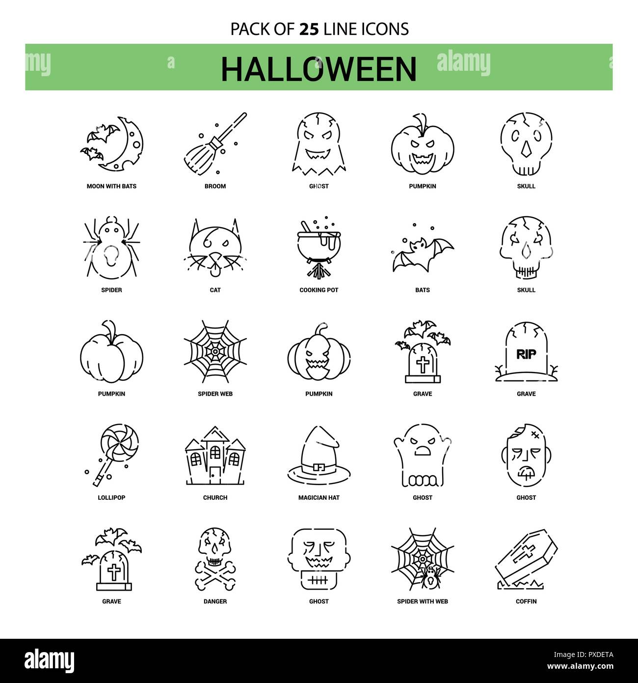 Halloween Line Icon Set - 25 Dashed Outline Style Stock Vector Image ...