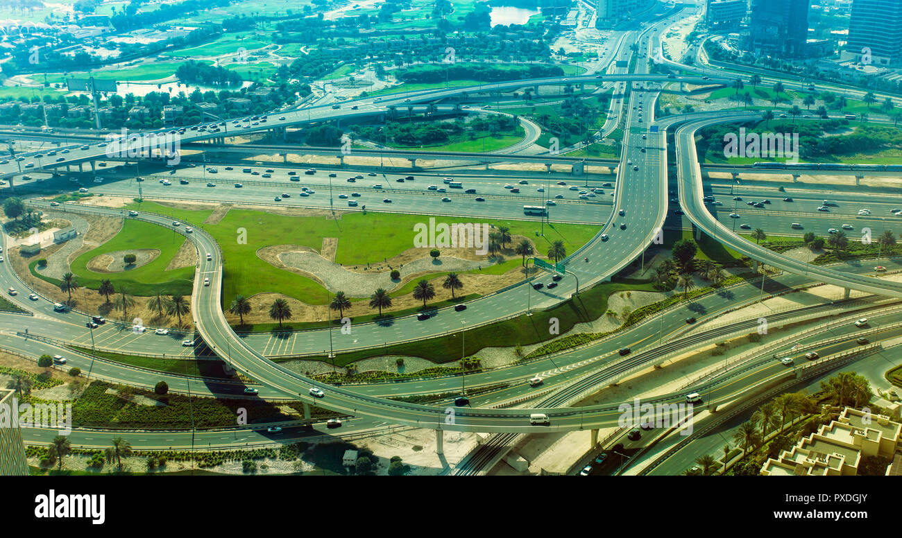 intersection of roads in Dubai city, United Arab Emirates. aerial view ...