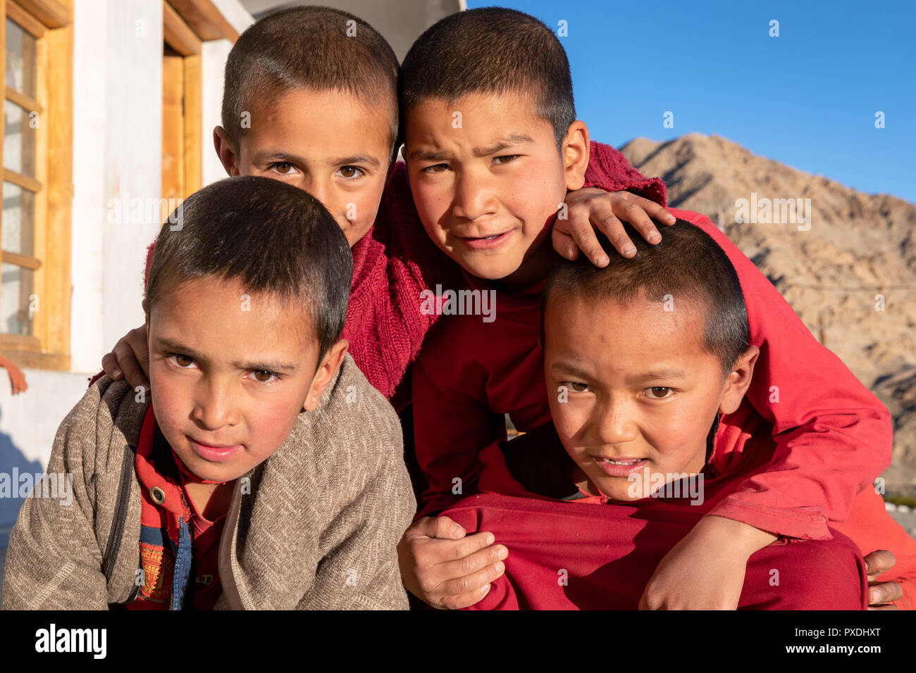 Four young monks at Phyang Monastery, Phyang (or Phiyang) Gompa, Ladakh ...