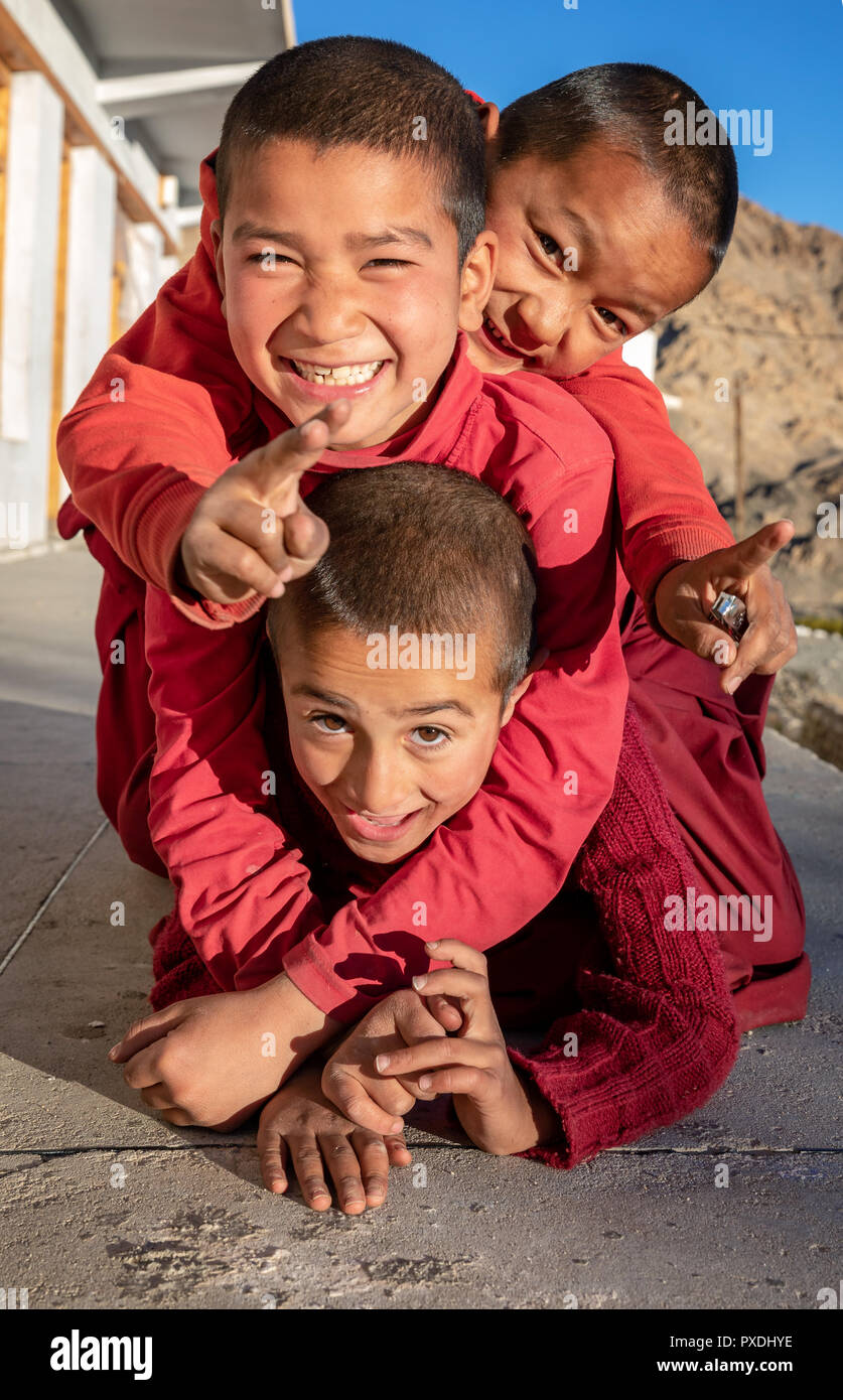 Three young monks at Phyang Monastery, Phyang (or Phiyang) Gompa ...