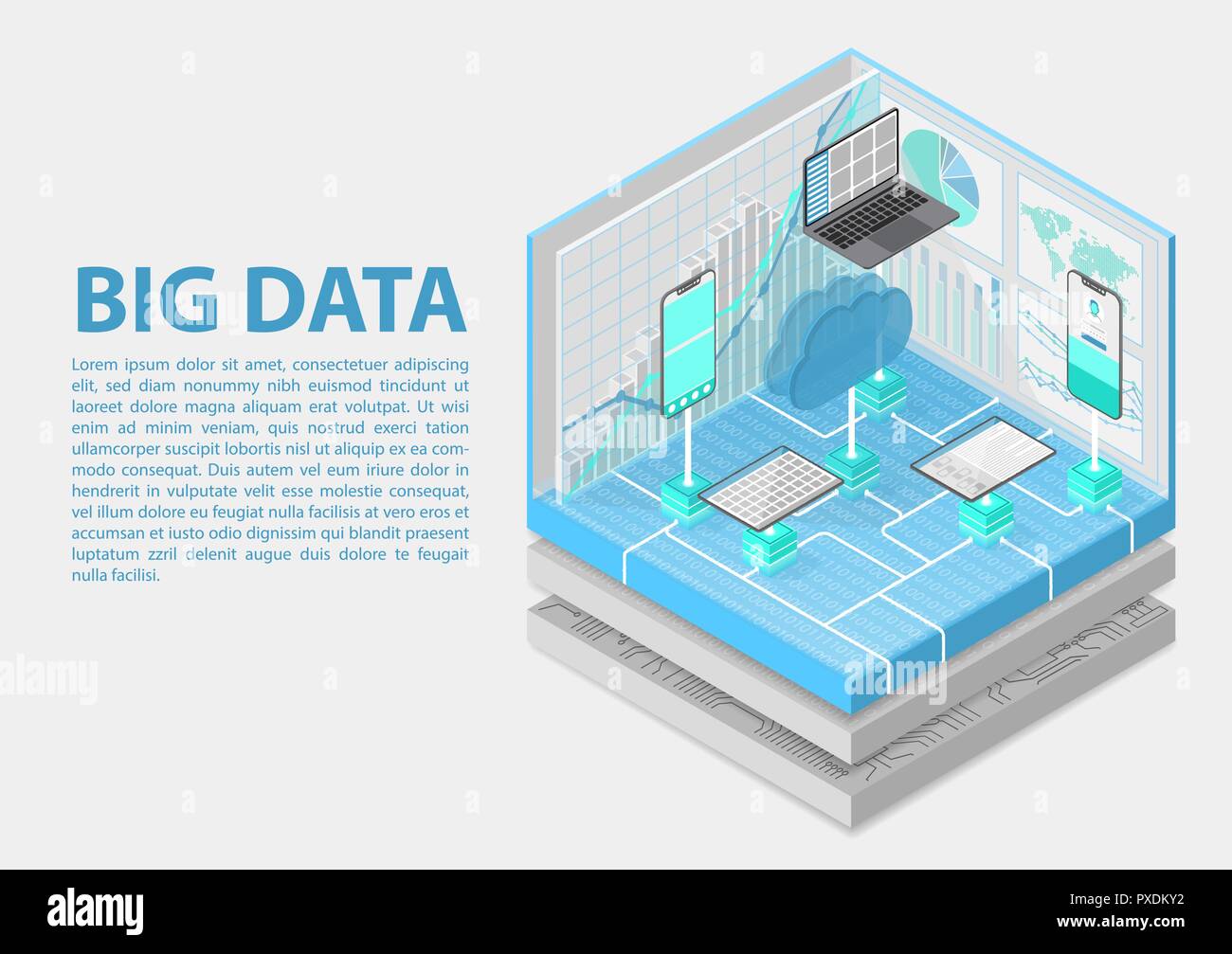 Big Data isometric vector illustration. Abstract 3D infographic with mobile devices and ...