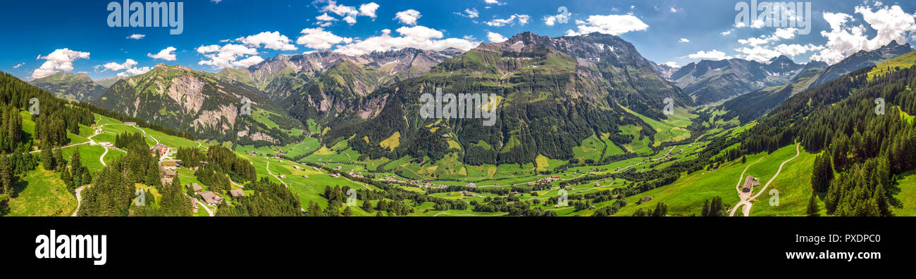 Aerial view of Elm village and Swiss mountains - Piz Segnas, Piz ...