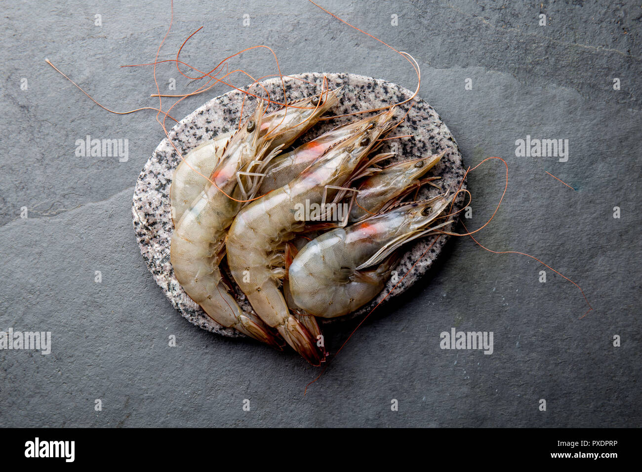 Raw whole fresh uncooked prawns shrimps on stone gray plate, stone ...