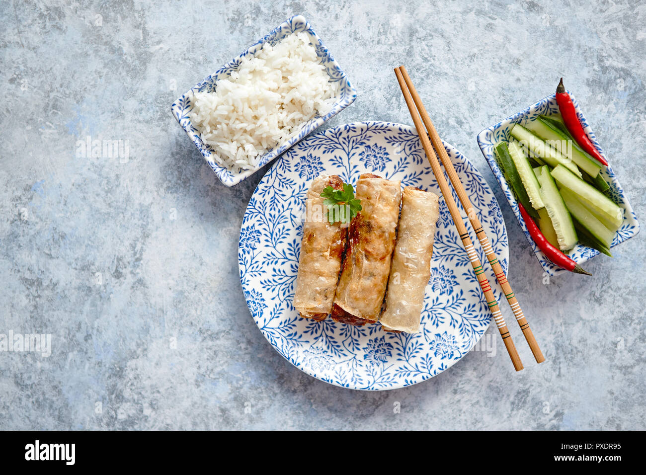 Orginal asian deep fried spring rolls placed on beautiful oriental ...