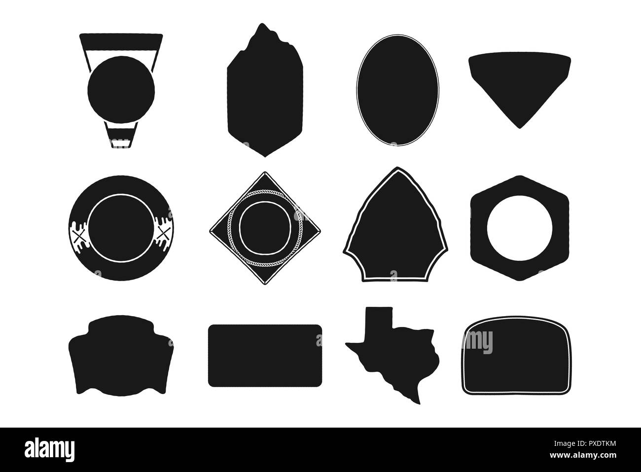 Set of black camping badge shapes. Included Texas state silhouette icon ...