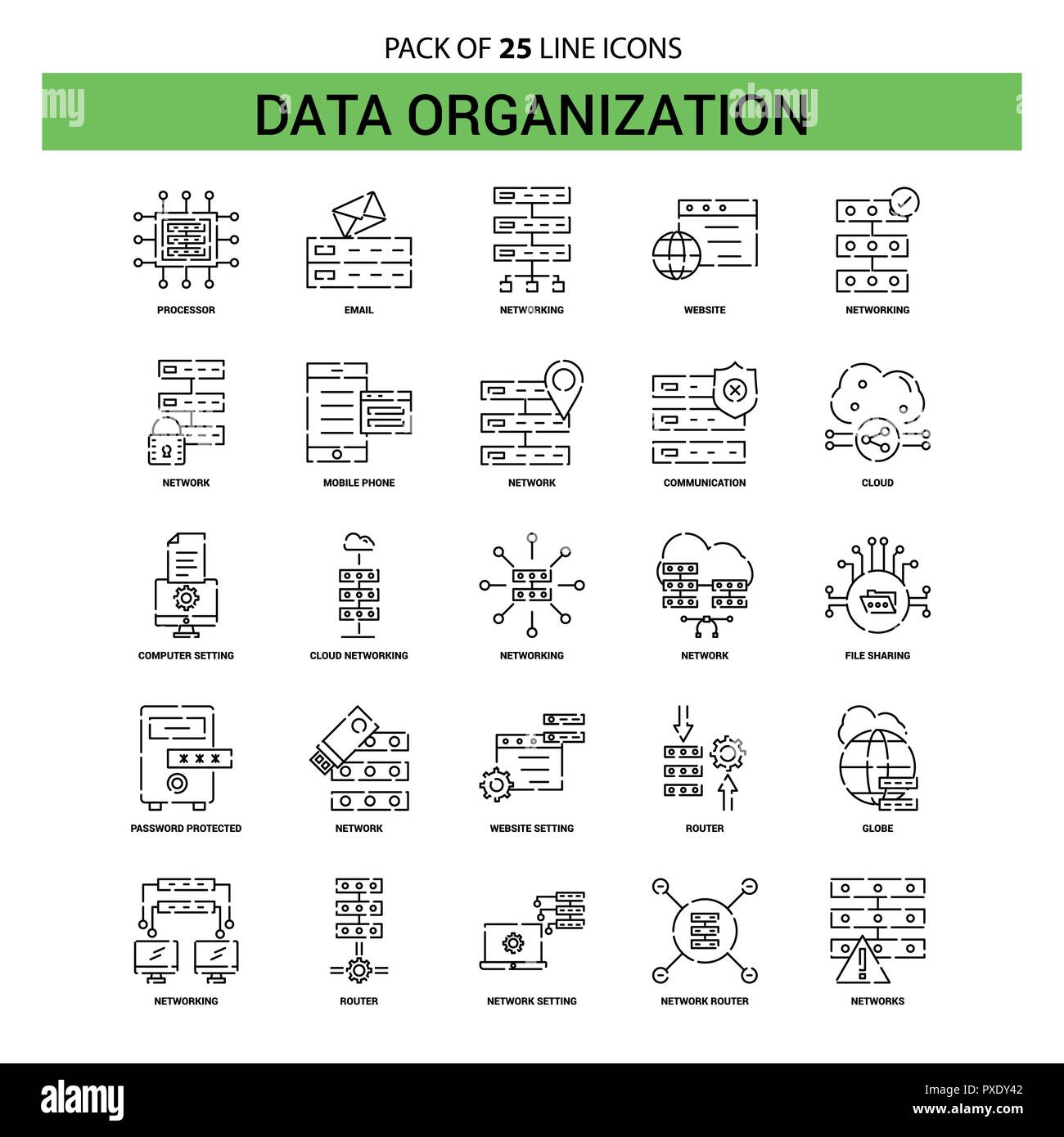 Data Organization Line Icon Set - 25 Dashed Outline Style Stock Vector ...