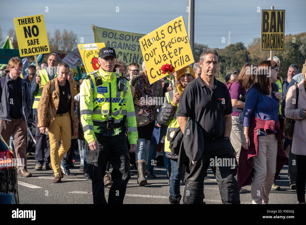 Protesters are seen during the march towards the frack site with a ...
