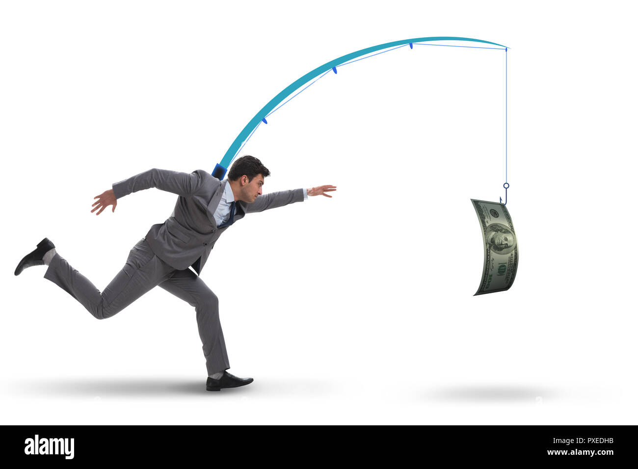 Businessman chasing money on fishing rod Stock Photo - Alamy