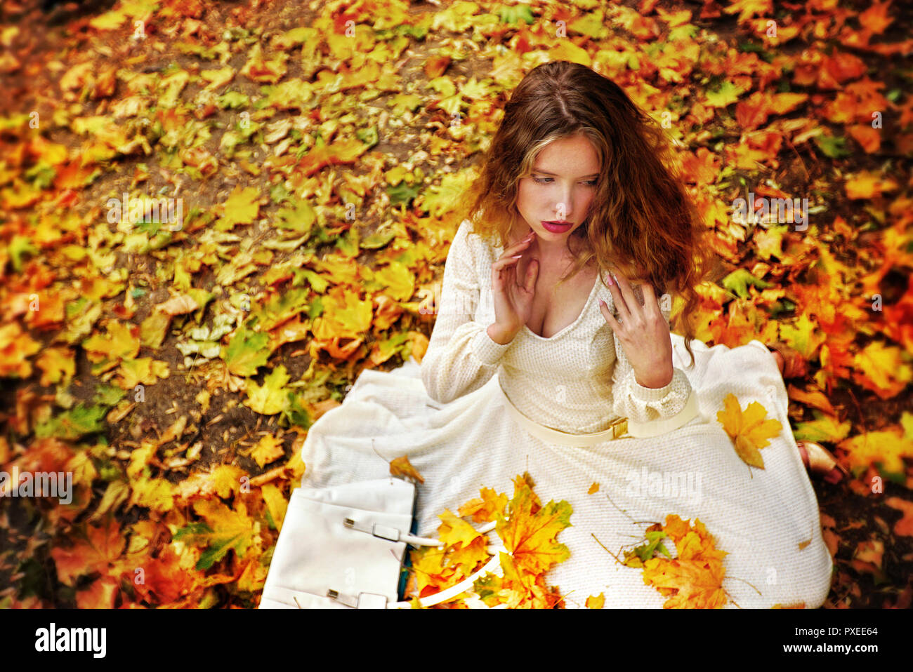 Autumn fashion dress woman sitting fall leaves city park outdoor Stock ...