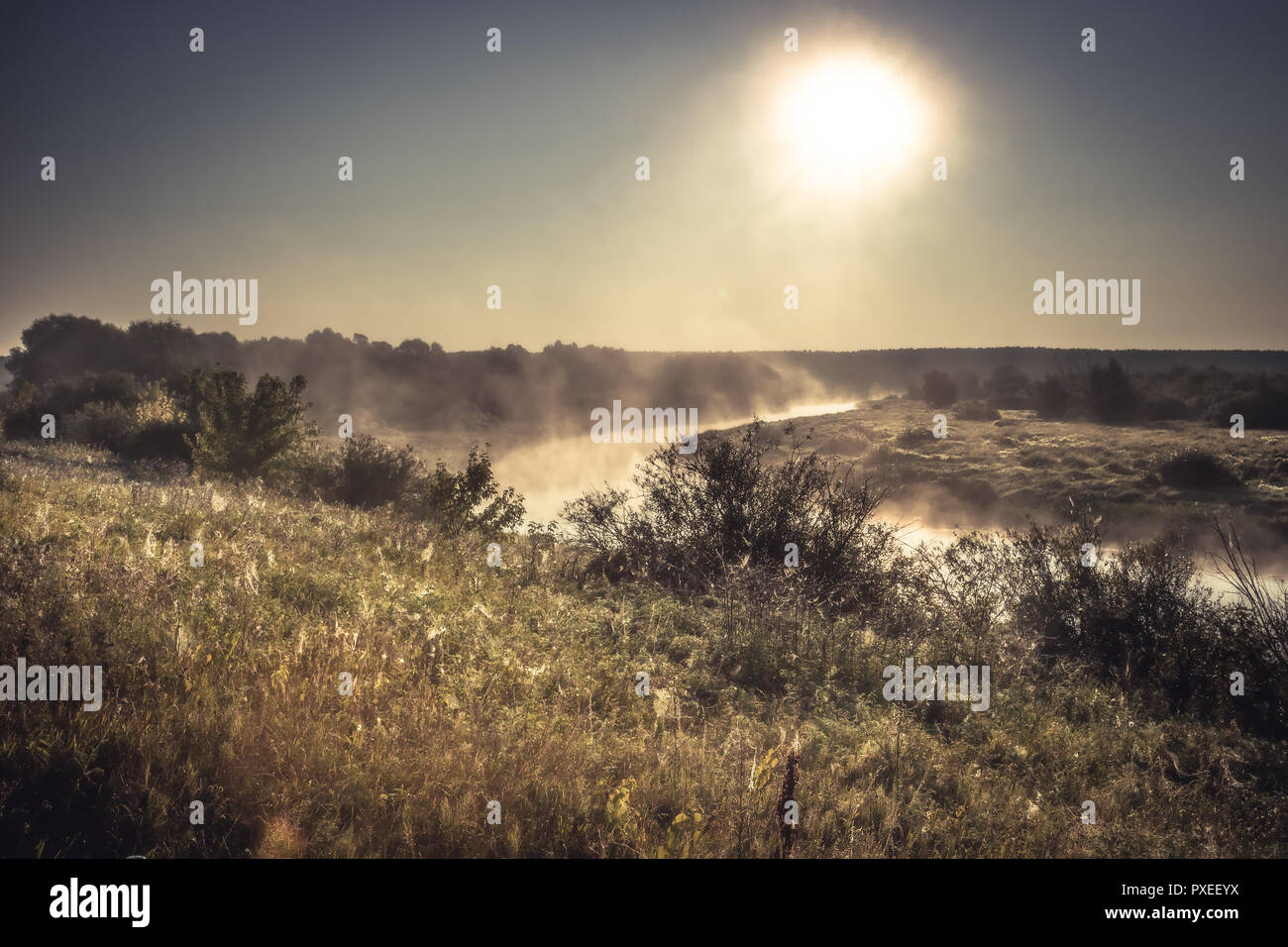 rustic countryside scenery landscape sunrise with fog river on ...