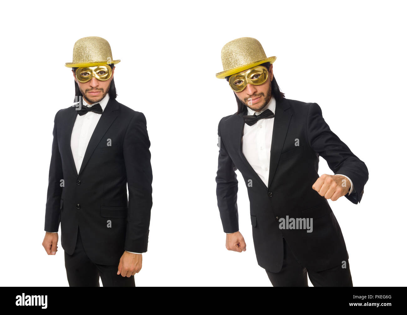 Funny man wearing mask isolated on white Stock Photo - Alamy