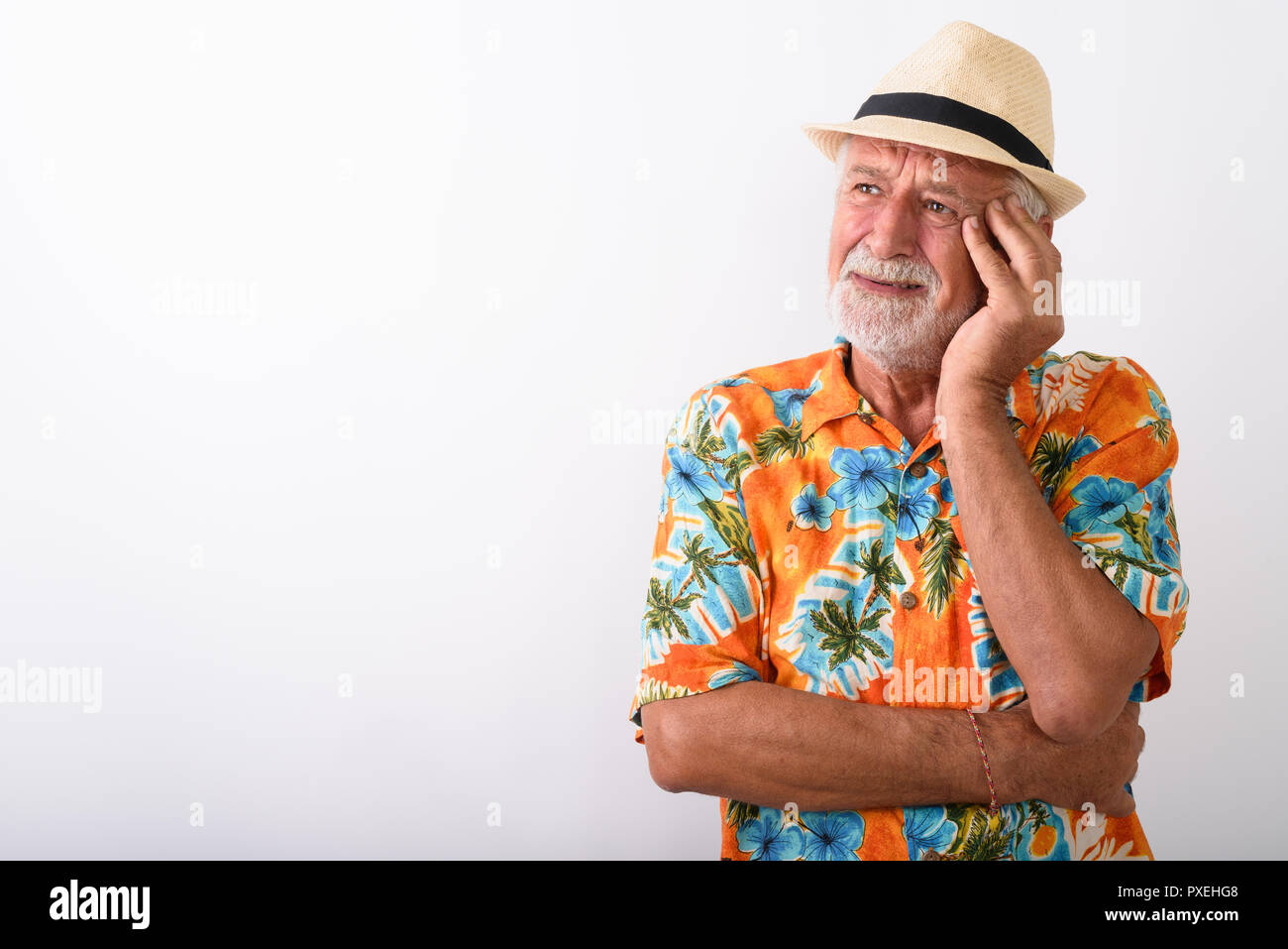 Sad senior bearded tourist man thinking while looking stressed Stock ...