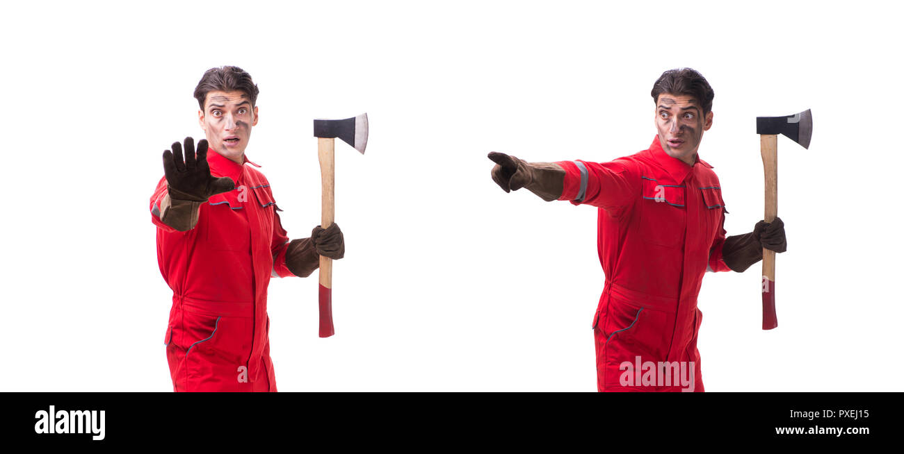 Contractor employee with axe on white background Stock Photo - Alamy