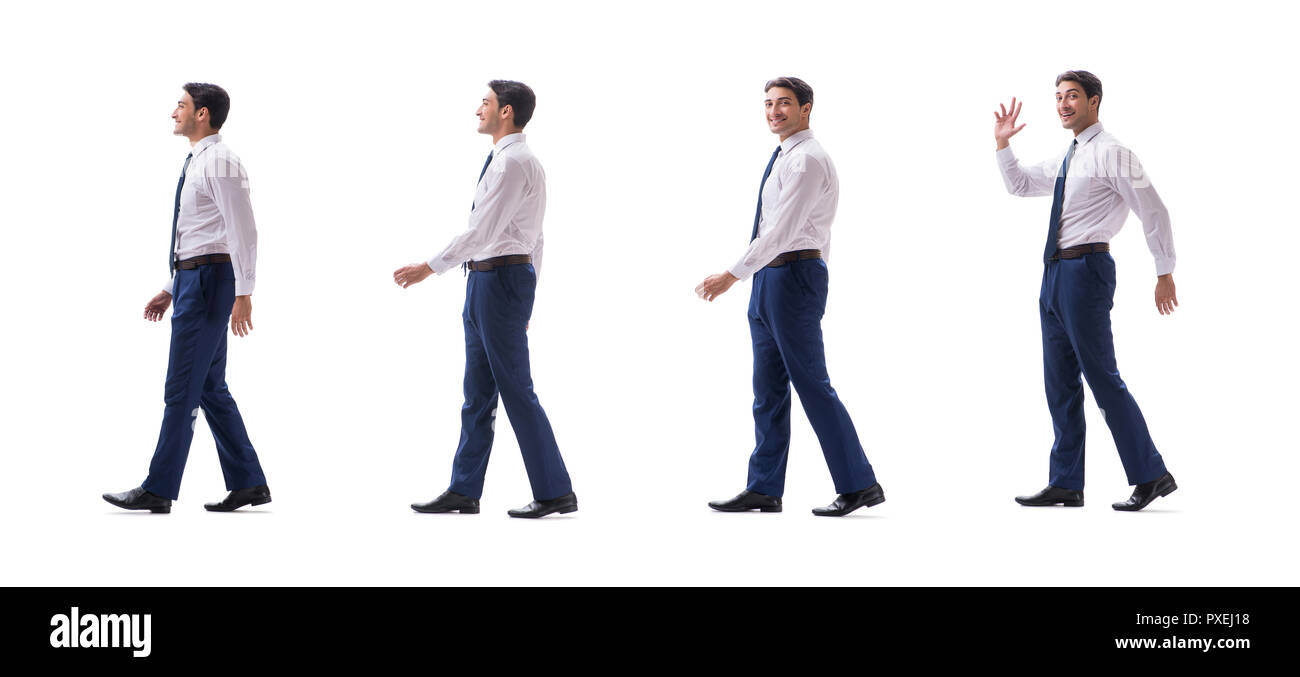 Businessman walking standing side view isolated on white background ...