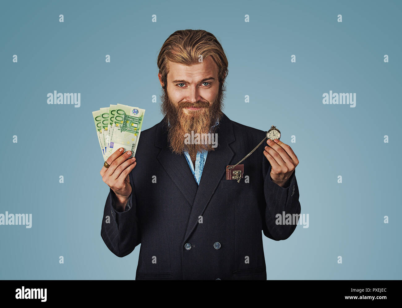 Time is money. Handsome cheerful bearded hipster man smiling with cash ...