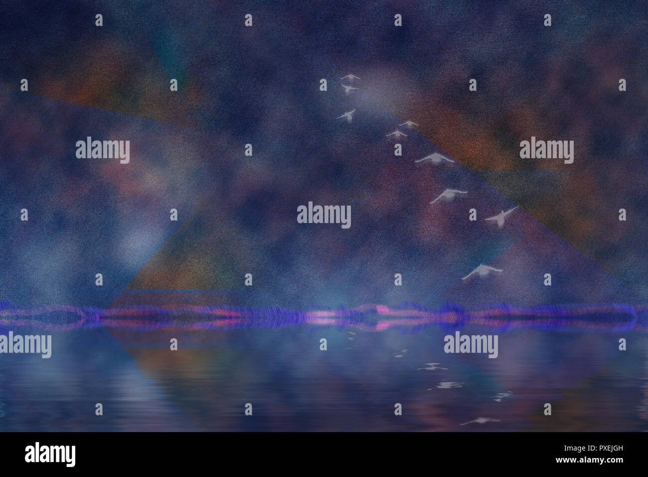 Birds flies over lake. 3D rendering Stock Photo - Alamy