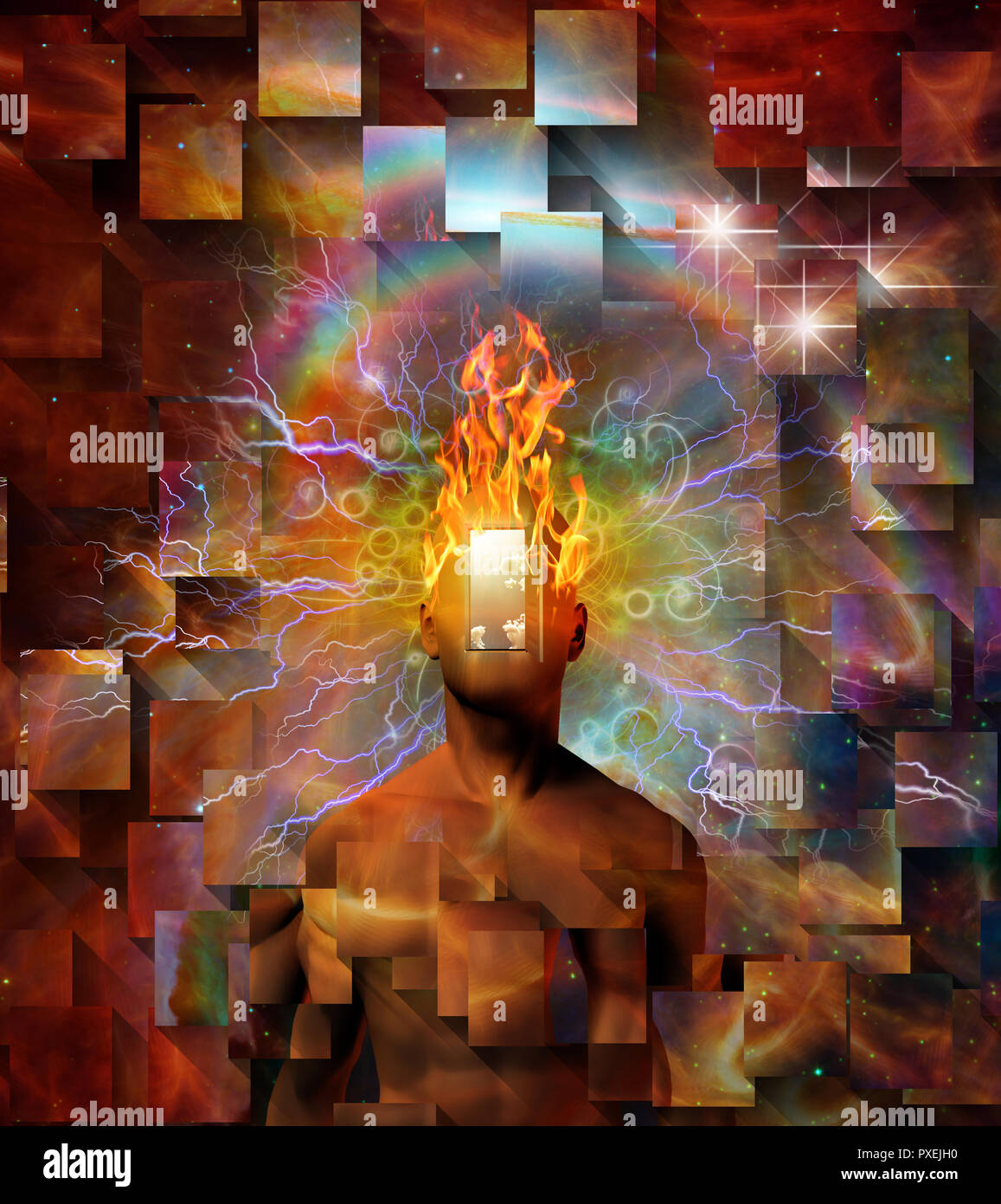 Man with burning mind and open door instead of face in cosmic space ...