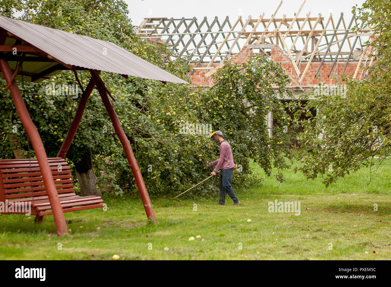 Gardener using machine cutting green grass in garden. Garden equipment ...
