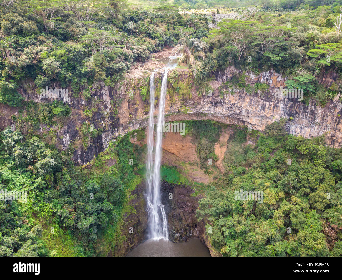 Aerial top view perspective of Chamarel Waterfall in the tropical ...