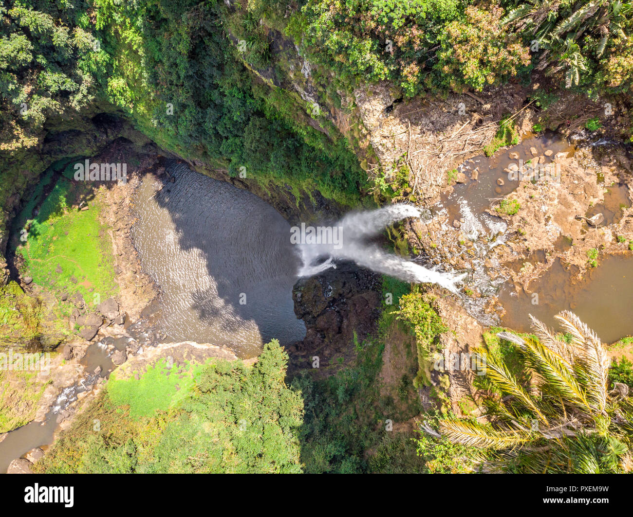 Aerial top view perspective of Chamarel Waterfall in the tropical ...